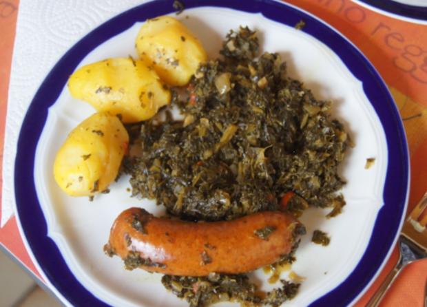 Brauner Kohl mit geräucherter Brägenwurst und Drillingen - Rezept ...