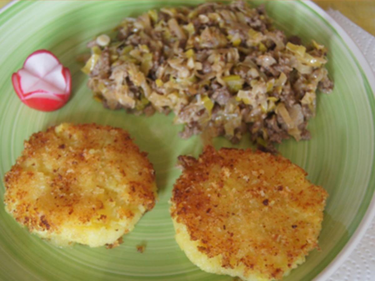 Rinderhackfleisch-Lauch-Pfanne mit Kartoffelstampf-Rösti - Rezept ...